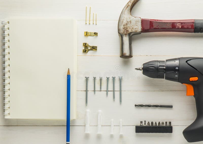 Home DIY Construction Work Tools on White Table. Construction Tools ...