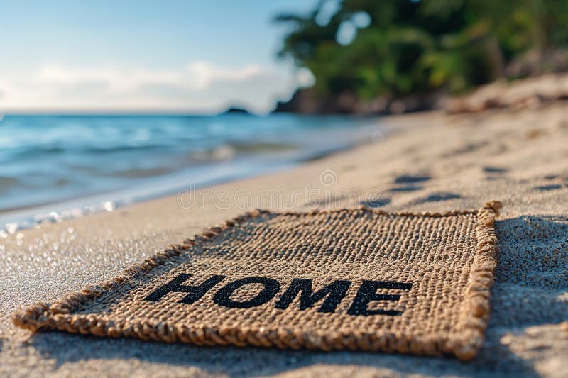 Home Doormat with Text HOME on the Doormat, at Sand Tropical Beach on a ...
