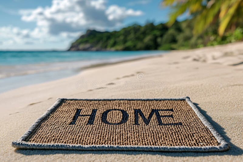 Home Doormat with Text HOME on the Doormat, at Sand Tropical Beach on a ...