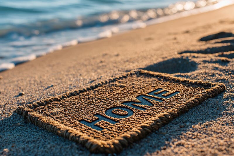 Home Doormat with Text HOME on the Doormat, at Sand Tropical Beach on a ...