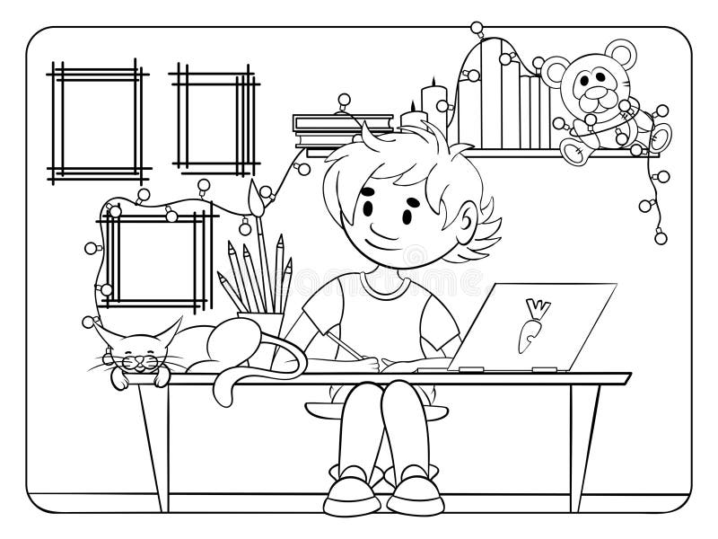 Home Education Coloring Page. Boy Study at Home. Antistress for Adults ...