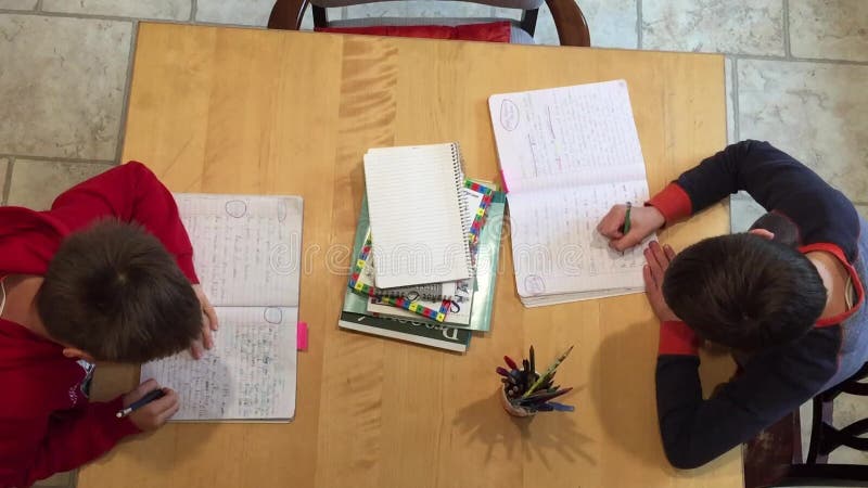 Young Elementary School Boys Hand Writing Homework and Learning at Home ...