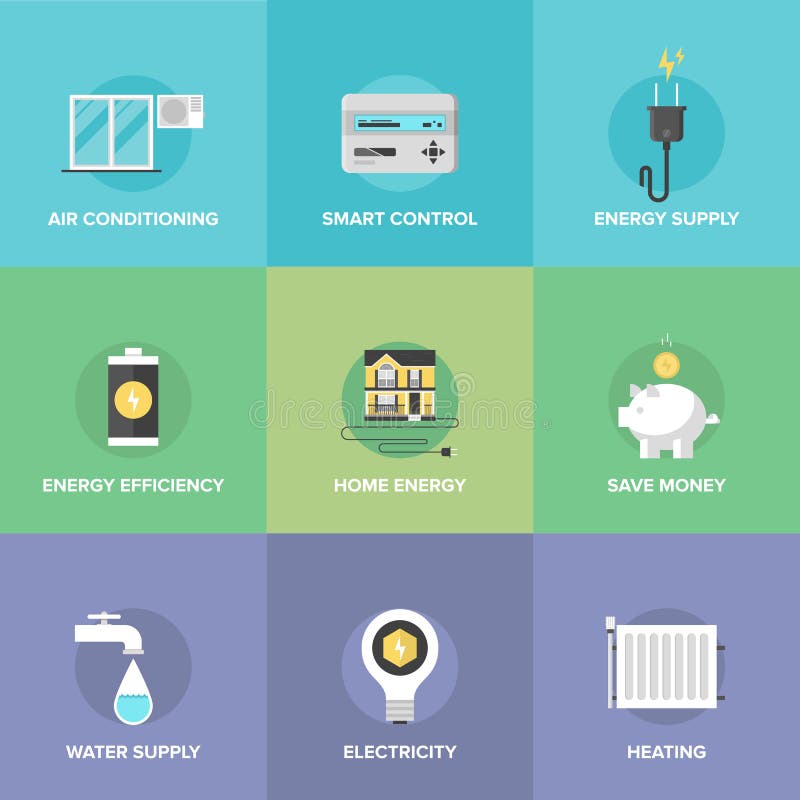 Home Energy Control Flat Icons Set Stock Vector - Illustration of ...