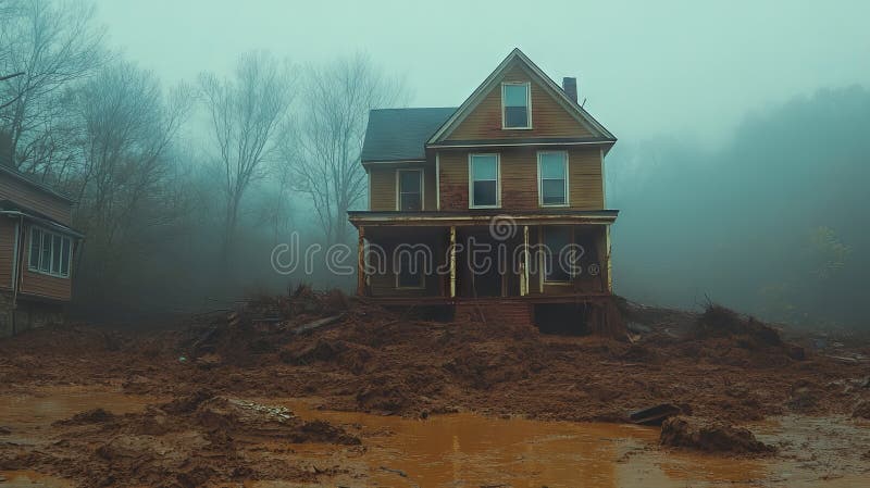 A Home Engulfed by Mudslide Rubble, with Trees Framing the Grim Scene ...