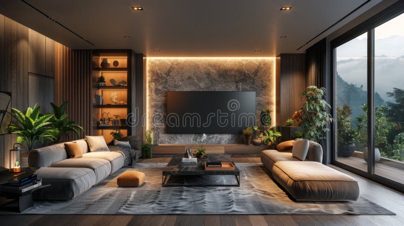 Home Entertainment Setup, Wall-mounted Tv Screen is Flanked by Cozy ...