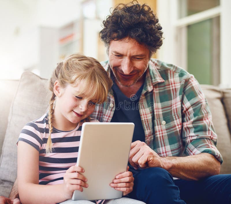 Home, Father and Girl with Tablet in Sofa in Smile for Elearning, Child Development and ...