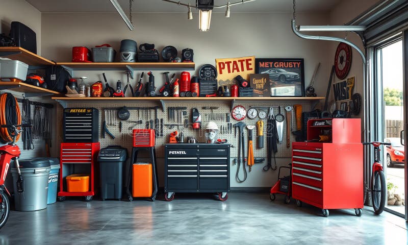 A Home Garage with an Array of Mechanic Tools and Equipment Displayed ...