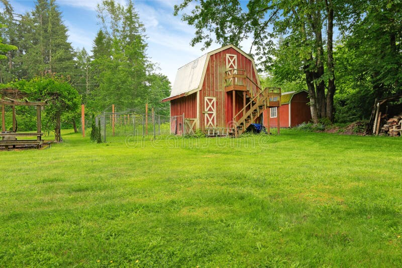 Home Garden on Backyard with Red Barn Shed Stock Photo - Image of ...