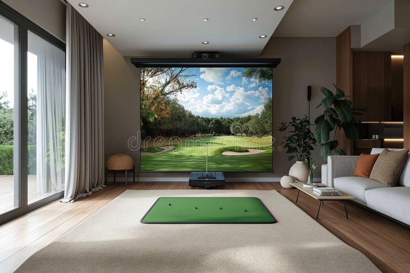 Home Golf Simulator Setup in a Modern Living Room Stock Image - Image ...