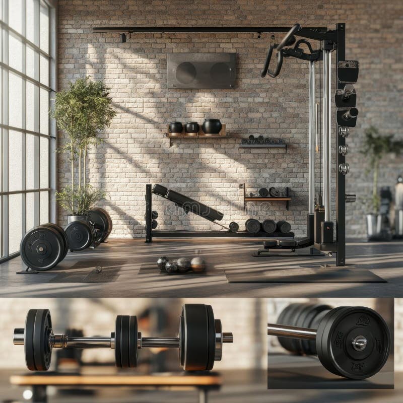 Home Gym Setup with Weight Bench, Cable Machine, and Dumbbells Stock ...