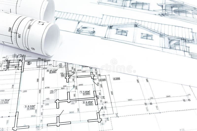 Hand Drawing with Blueprints Stock Image - Image of diagram, dimensions ...