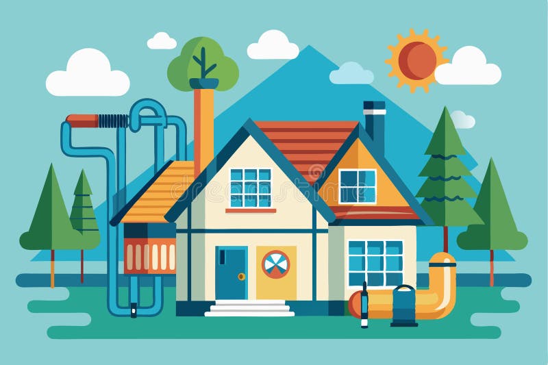 A Home Heating System Integrated into a House with Pipes and a Chimney ...