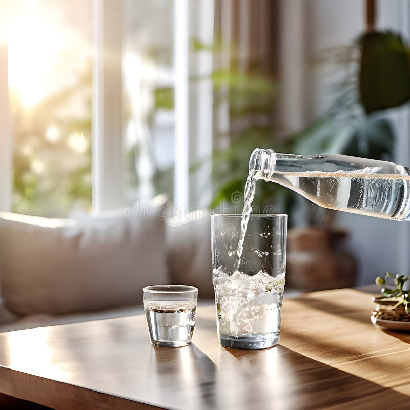 Home Hydration: Fresh Drink Water Flowing from a Bottle Stock Photo ...