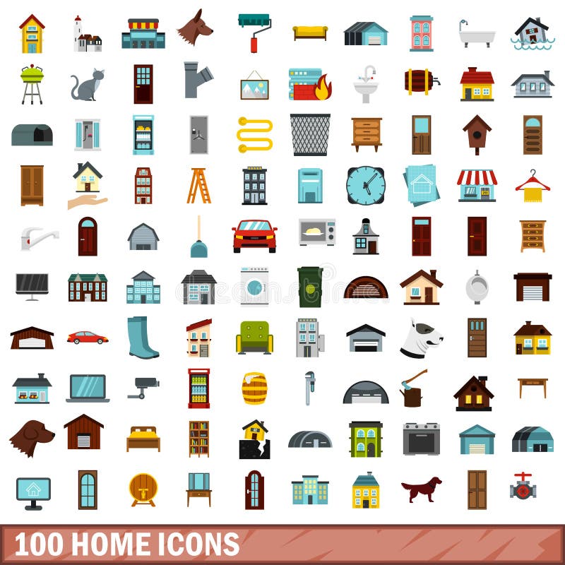 100 Home Icons Set, Flat Style Stock Vector - Illustration of bath ...