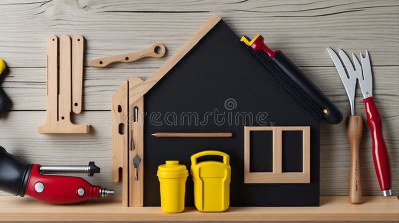Home Improvement Concept - Wooden Model House with Work Tools Stock ...