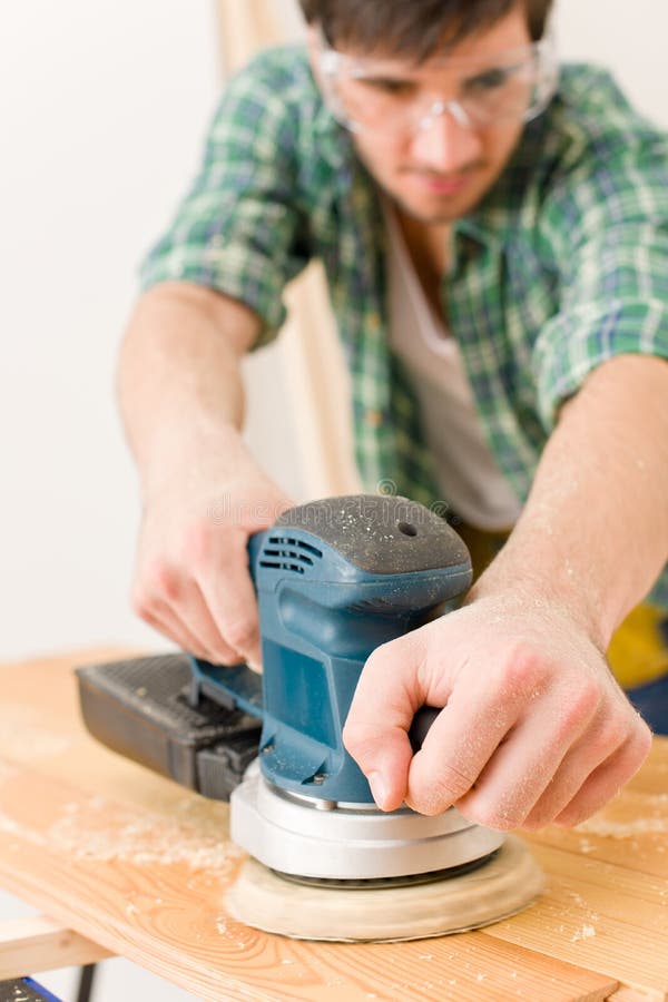 Handyman Sanding Wooden Board Diy Home Renovation Stock Photo - Image ...