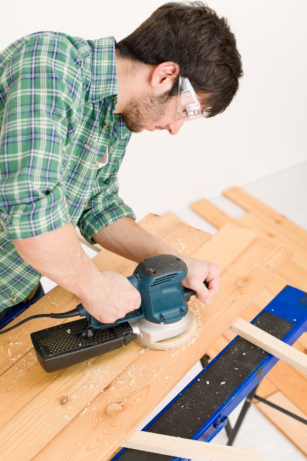 Handyman Sanding Wooden Board Diy Home Renovation Stock Photo - Image ...