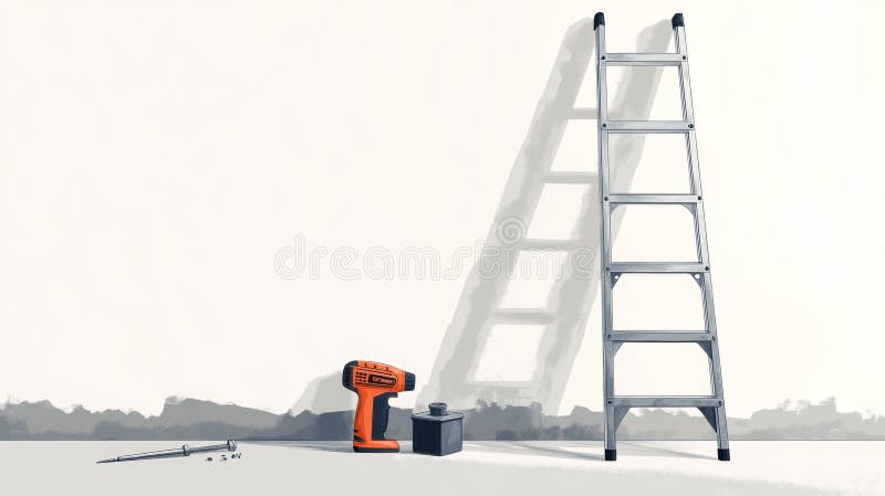 Home Improvement Illustration, Ladder, Drill, and Tools Against a White ...