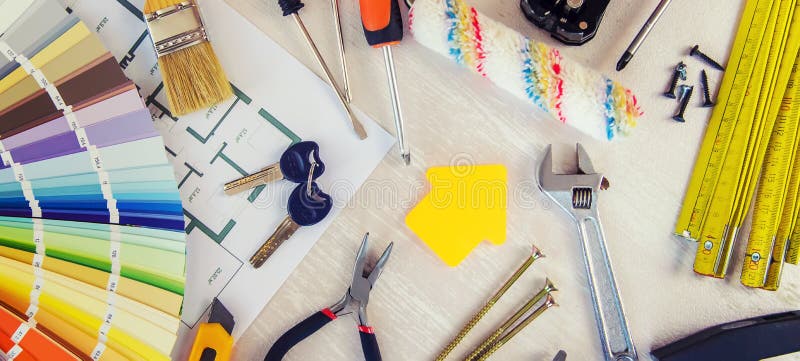 Home Improvement and Renovation Concept - Construction Tools and Items ...