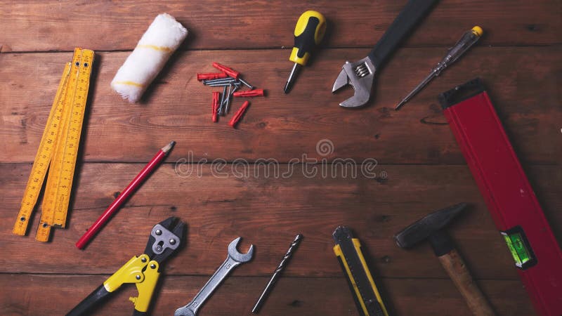 Home Improvement and Repair Concept - Work Tools and Objects on Wooden ...