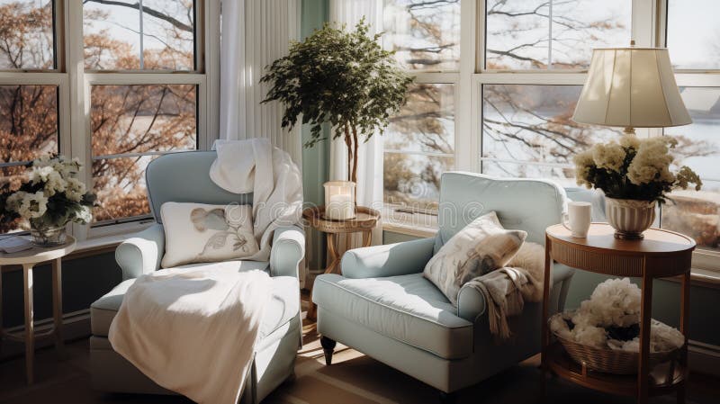 Home Interior with Big Windows, Two Chairs and Cute Decoration Stock ...