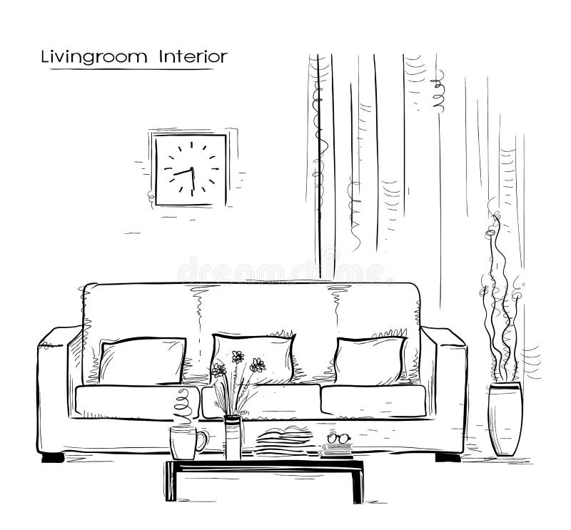 Home Interior with Couch and Table.Hand Drawn Color Sketch Stock Vector ...