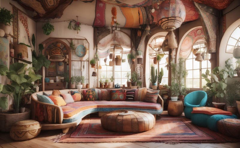 A Home Interior Design with Bohemian Style Stock Illustration ...