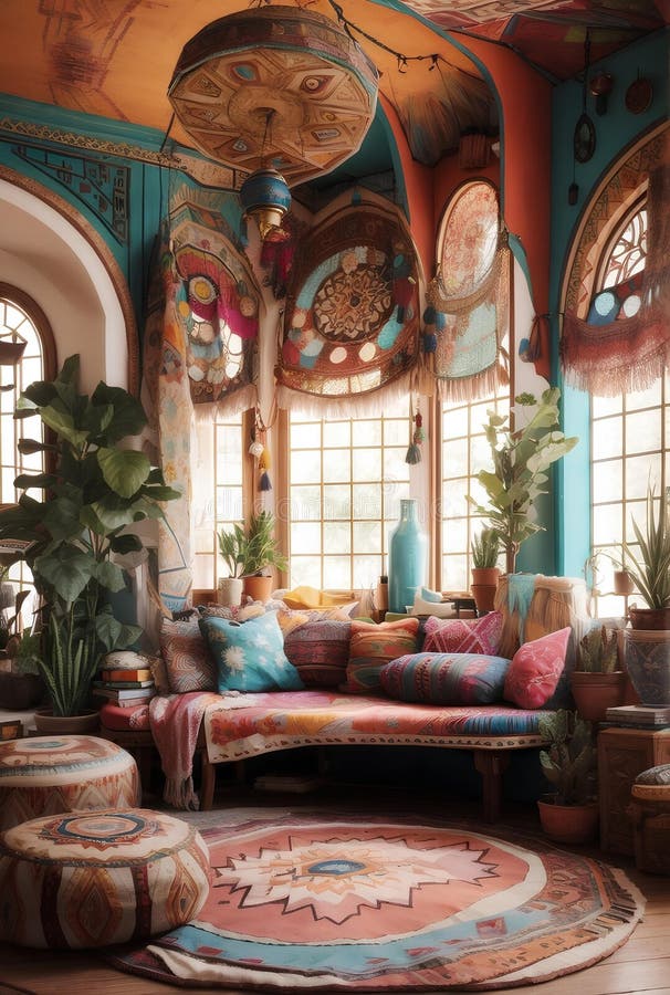 A Home Interior Design with Bohemian Style Stock Illustration ...