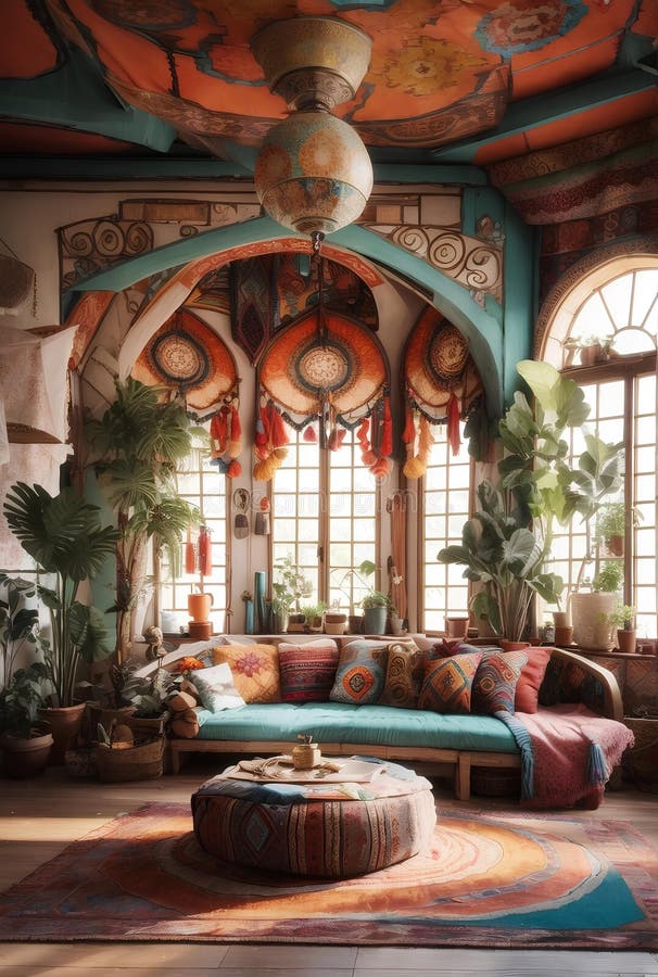 A Home Interior Design with Bohemian Style Stock Illustration ...