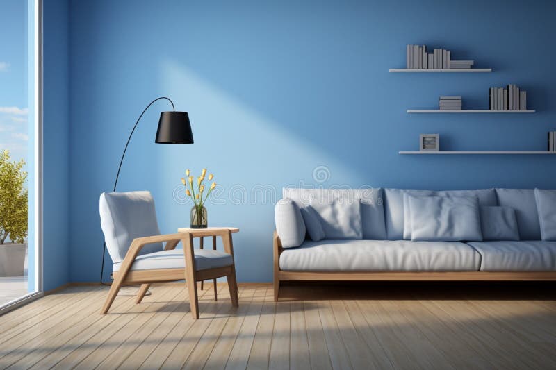 Home Interior Living Room Designed with a Calming Blue Tone Stock ...