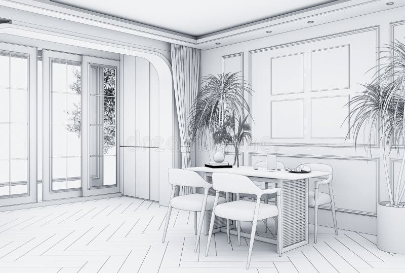 Home Interior Rendering with Dining Room Outline Style Stock ...
