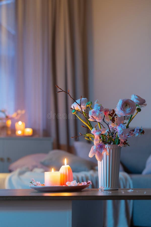 Home Interior with Spring Flowers and Burning Candles Stock Photo ...