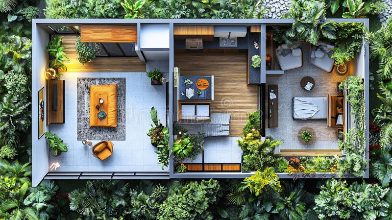 Home Interior View, Plants Inside, Lush Forest, Birds-eye, Architecture ...