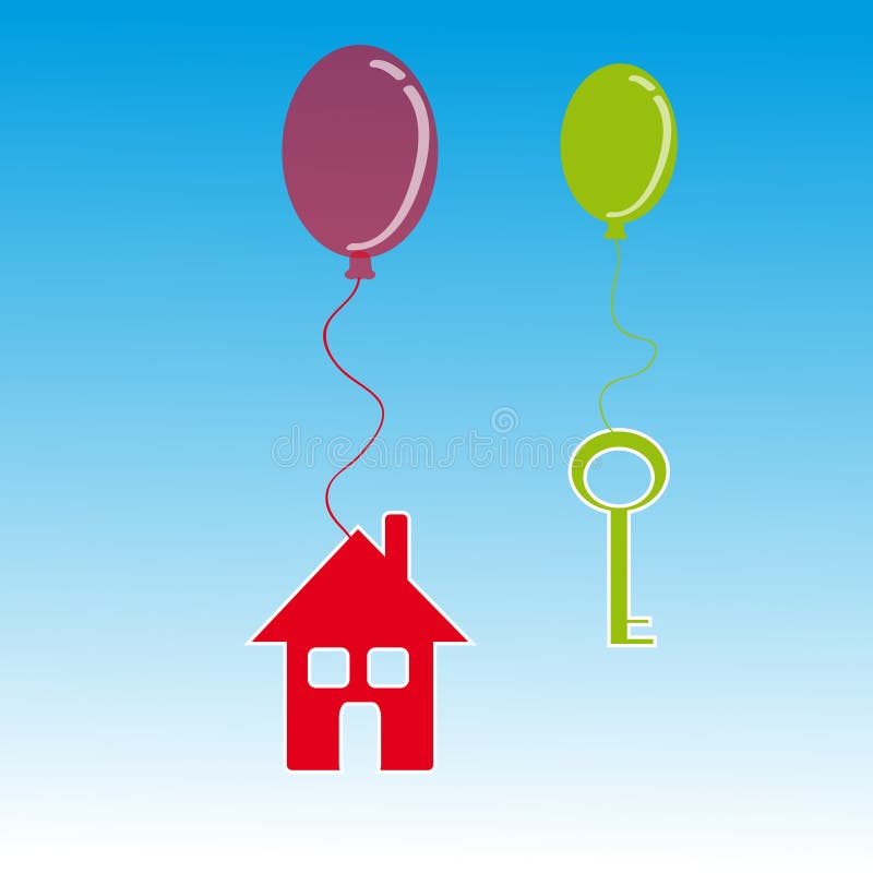 Home and Key with Balloon on Blue Background Stock Vector ...