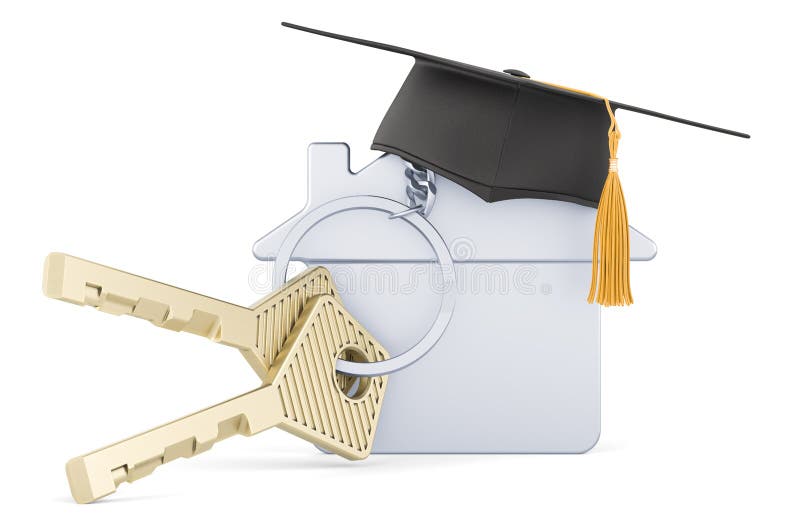 Home Key with Keychain with Education Hat. 3D Rendering Stock ...