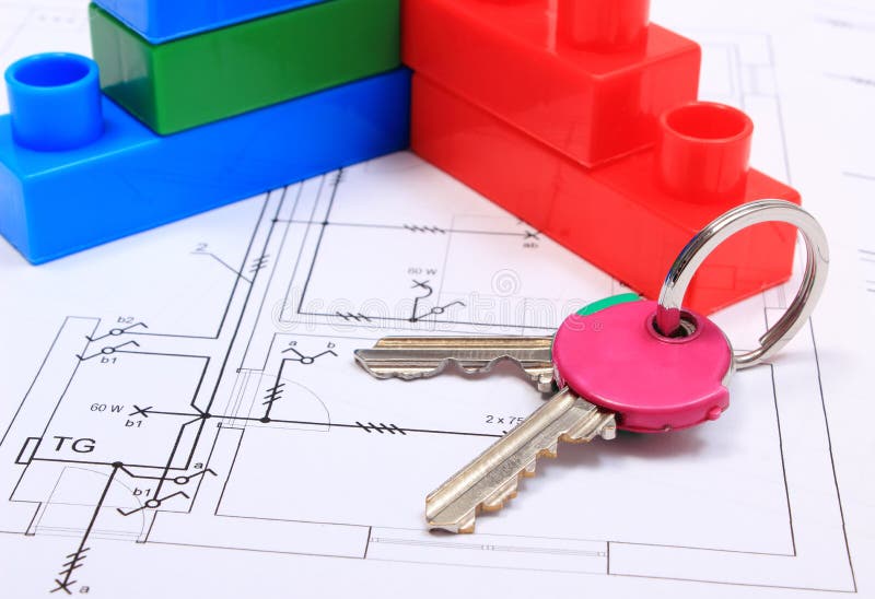 Home Keys and Building Blocks on Drawing of House Stock Photo - Image ...