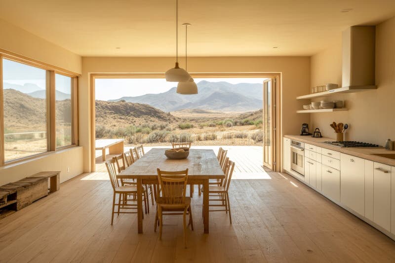 Home Kitchen with Eating Table, Bar Island, and Panoramic Window in a ...