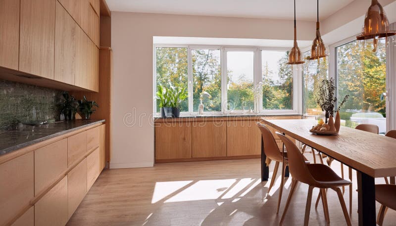 Home Kitchen Interior with Dining Table, Bar Counter and Cabinet Near ...