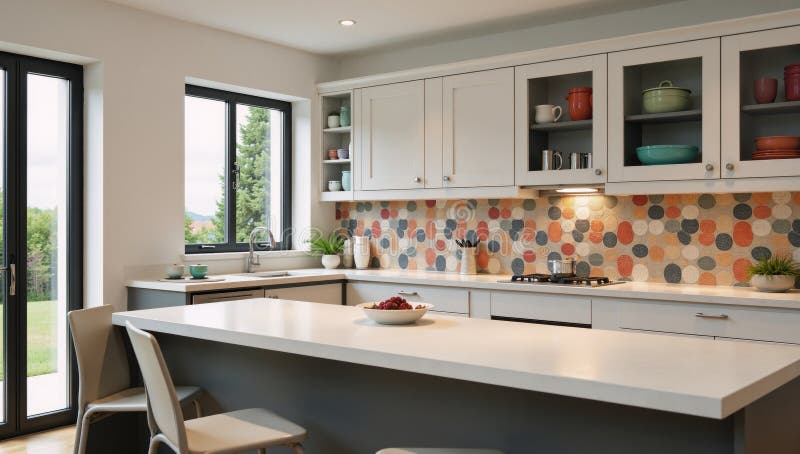 A Home Kitchen Mockup Features a Bar Counter Cabinets and Windows ...