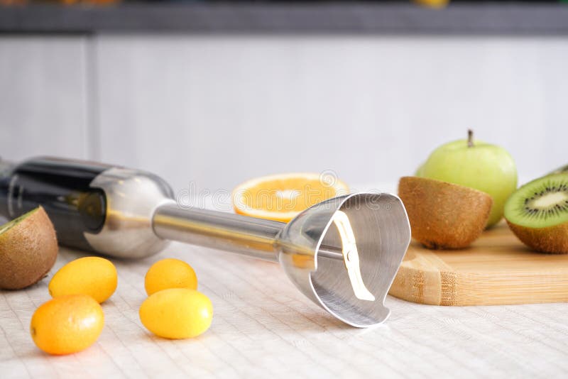 Home Kitchen with Ripe Fruit Table and Hand Blender, Closeup Stock ...
