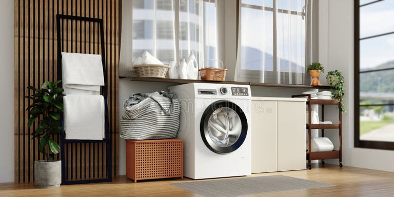 Home Laundry Corner Featuring Modern Washing Machine and Decorative ...