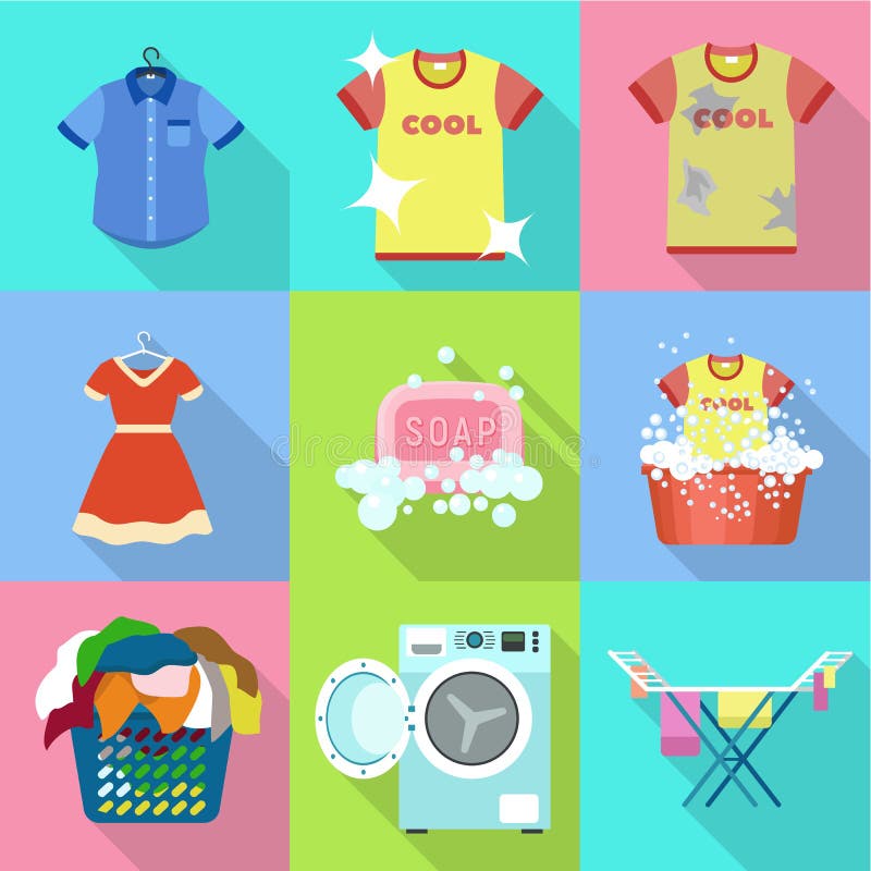 Home Laundry Icon Set, Flat Style Stock Vector - Illustration of hand ...