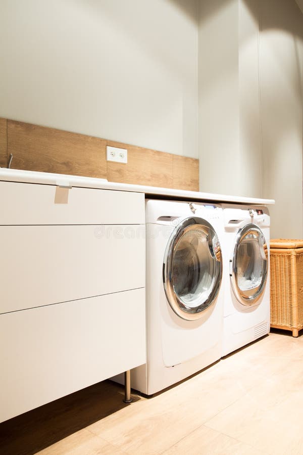 Home Laundry. Housewife Using Washing Machine at Home Stock Photo ...