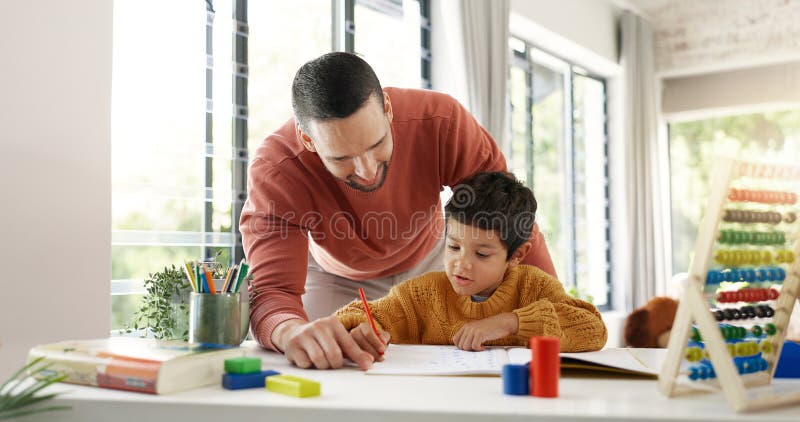 Education, Father and Son with Homework, Talking and Learning at Home ...