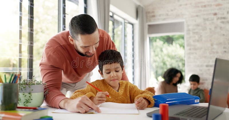 Education, Father and Son with Homework, Talking and Learning at Home ...