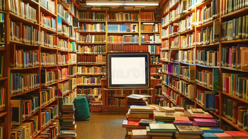 A Home Library with a Blank Screen on an E-reader, Bookshelves Filled ...