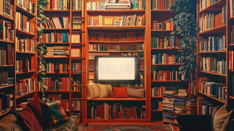 A Home Library with a Blank Screen on an E-reader, Bookshelves Filled ...