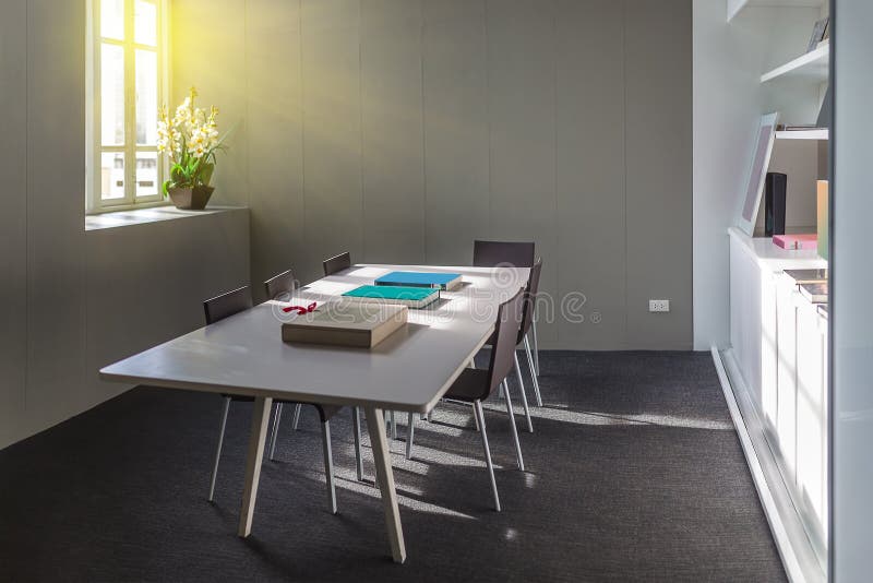 Home Library with Bookshelves and a White Table, Five Chairs. Stock ...