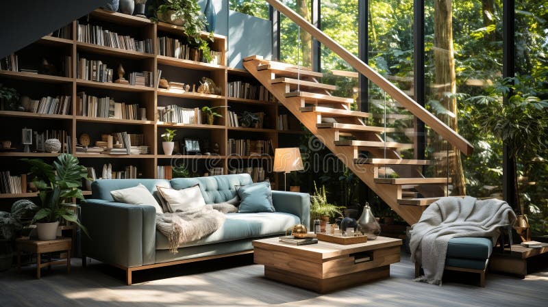 Home Library with Built-in Bookshelves a Cozy Seating. Generative AI ...