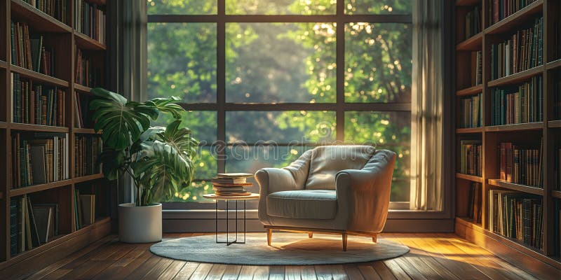 A Home Library with a Comfortable Chair for Reading Books by a Large ...